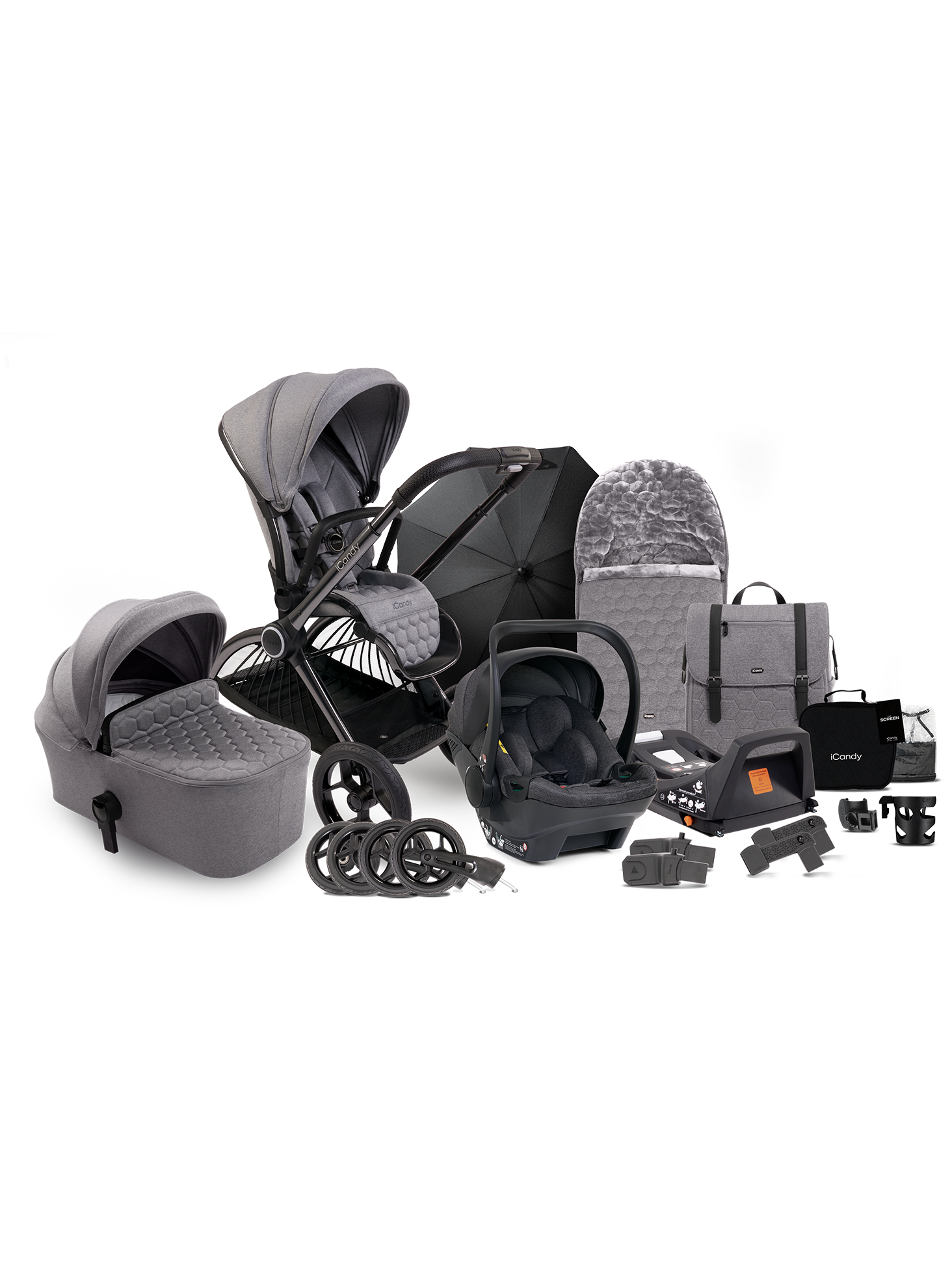 Core Light Grey Pushchair & Carrycot Car Seat Bundle – iCandy World