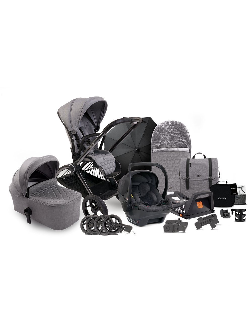 Core Light Grey Pushchair & Carrycot Car Seat Bundle – iCandy World