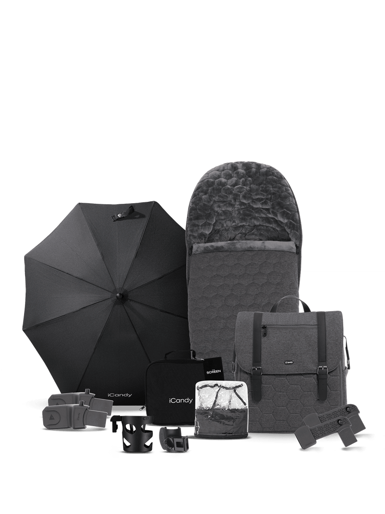 Core Dark Grey Pushchair & Carrycot Car Seat Bundle - iCandy Black ...