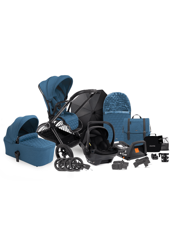 Core Atlantis Blue Pushchair & Carrycot Car Seat Bundle - iCandy Black ...